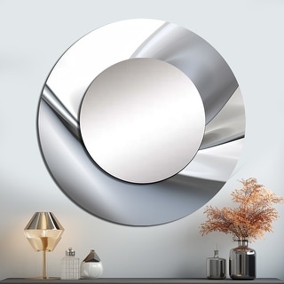 Designart "White Grey Contemplative Abstraction" Modern Waves Wall Mounted Round Mirror - White ...